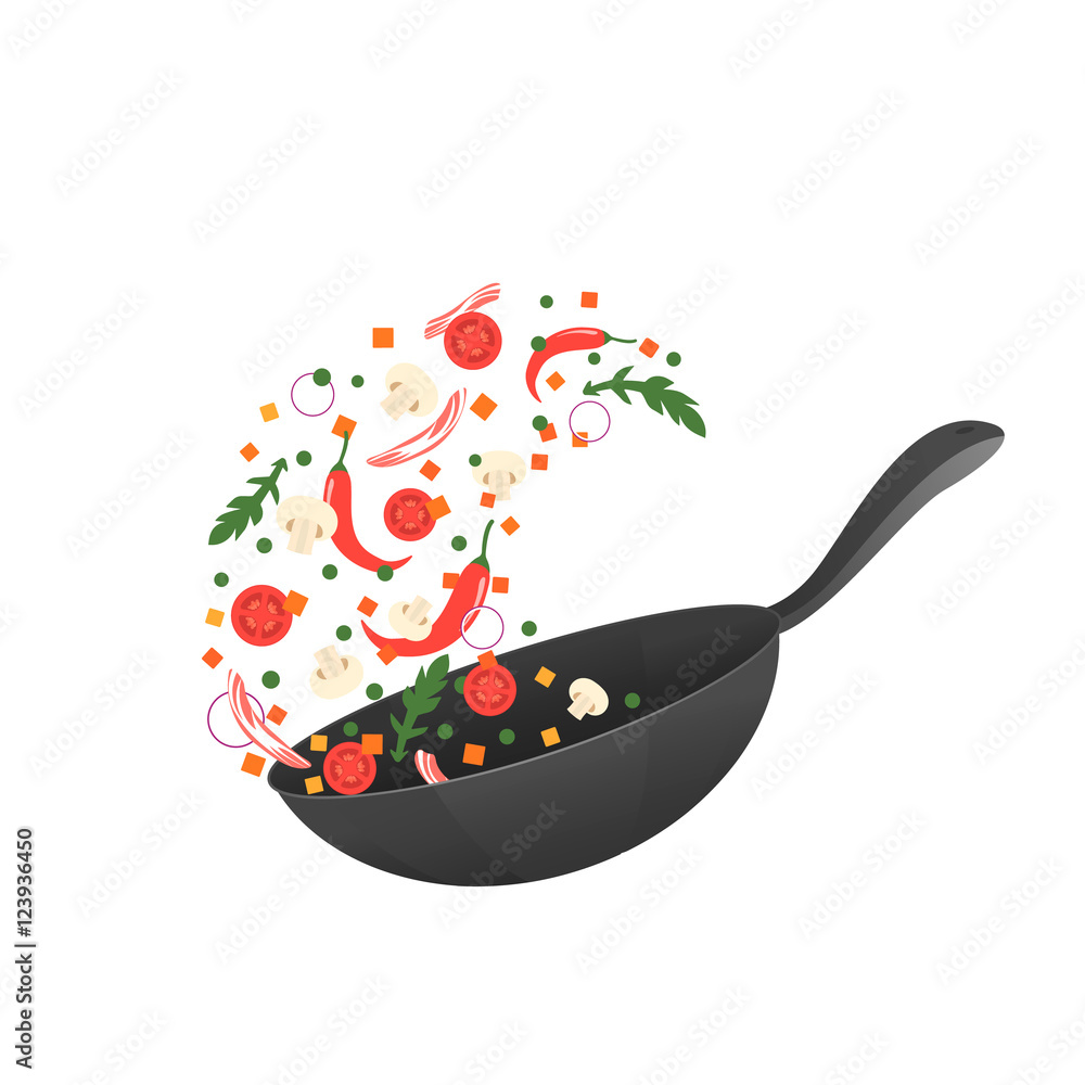 Cooking process vector illustration. Flipping Asian food in a pan ...