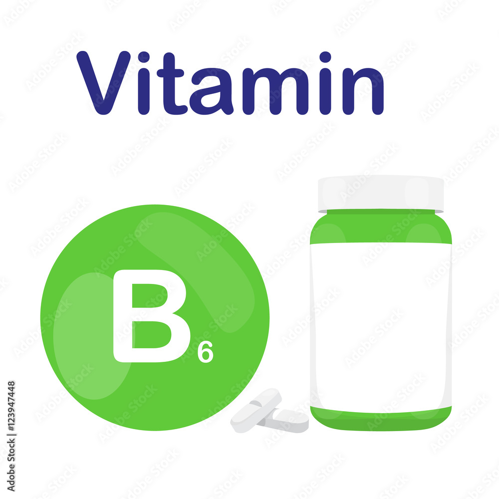Vitamin B6 B 6 with bottle of tablets, capsules and pills. Green circle ...