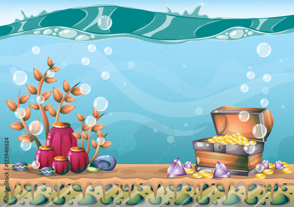 cartoon vector underwater treasure background with separated layers for ...