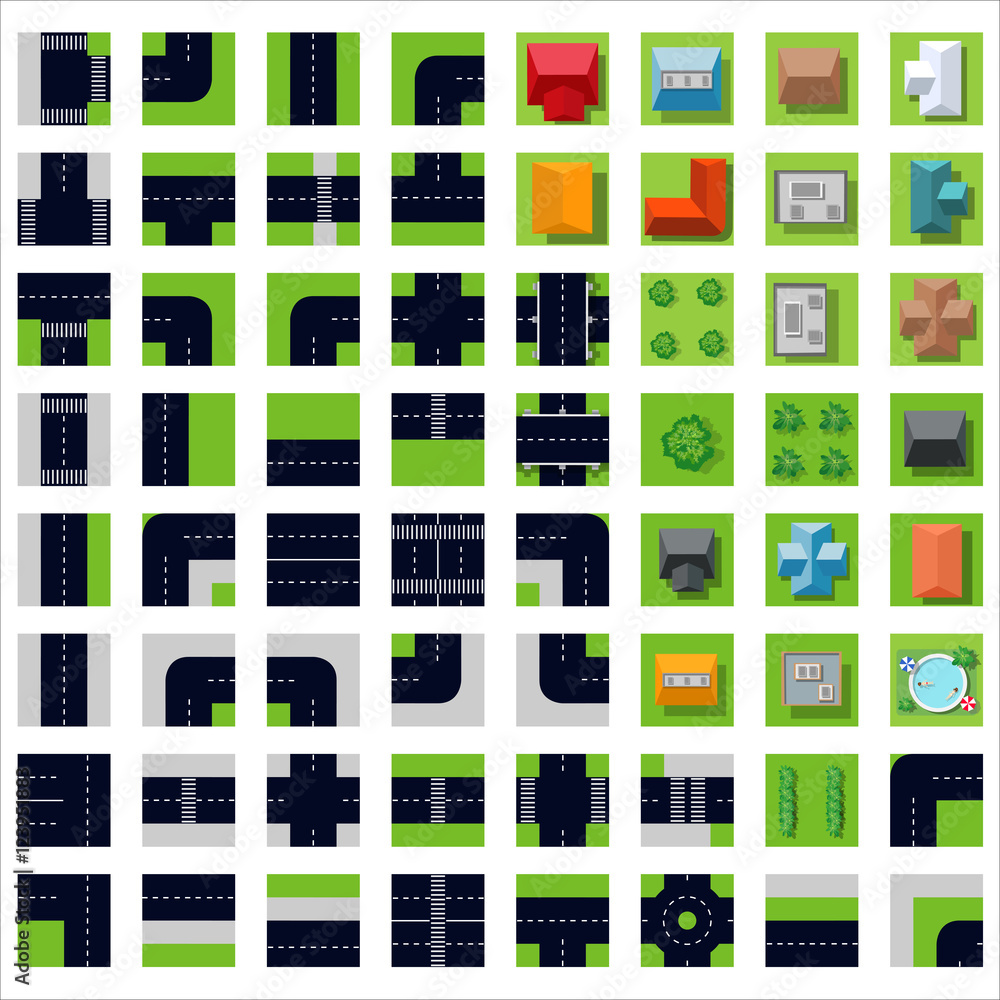 Flat top view Set icons road highway. Concept kit of design elements ...