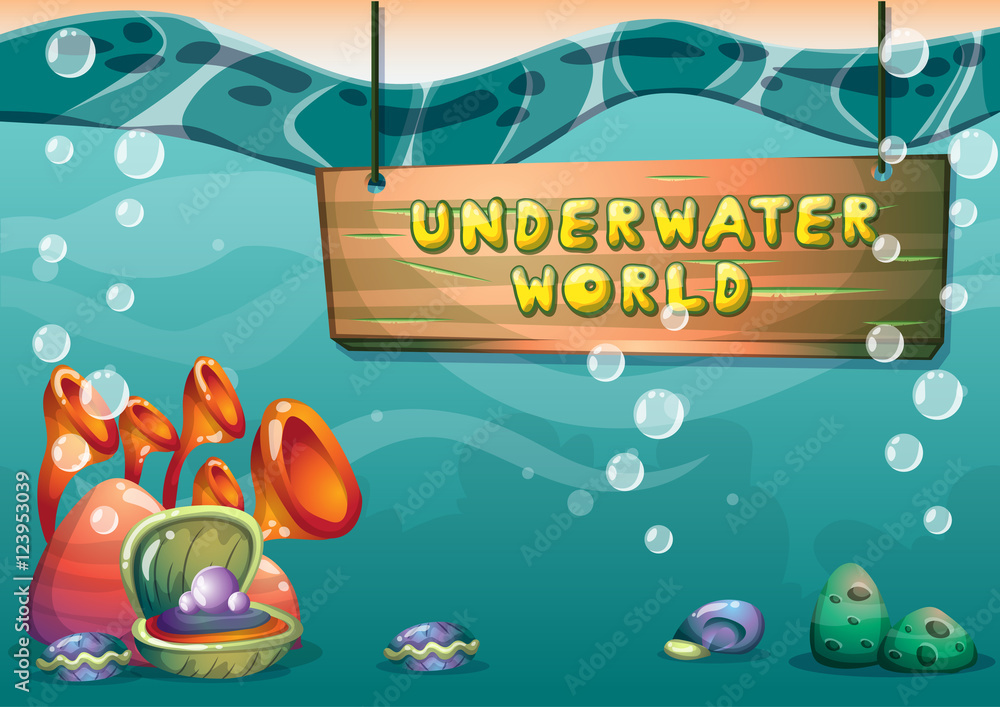 cartoon vector underwater background with separated layers for game art ...