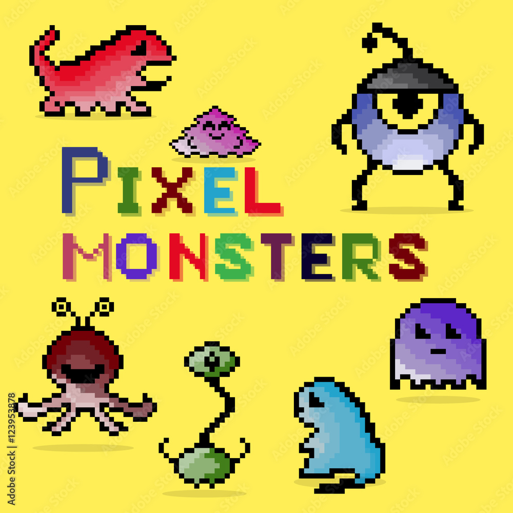 Set of pixel colorful monsters. Vector of funny pixel monsters.I Stock ...