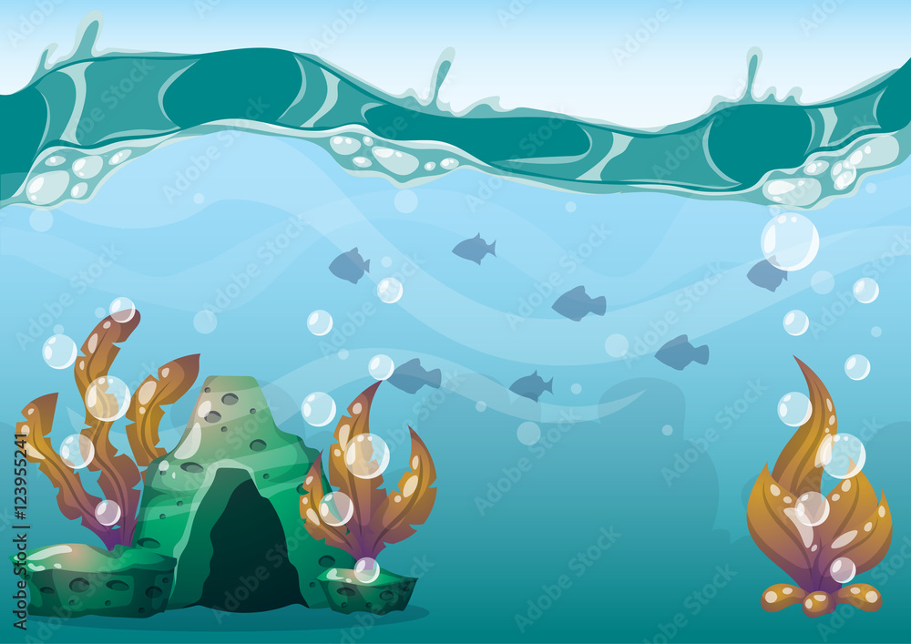 cartoon vector underwater background with separated layers for game art ...
