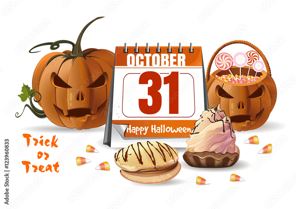 Halloween design with Halloween calendar, jack-o'-lantern, candy corn ...