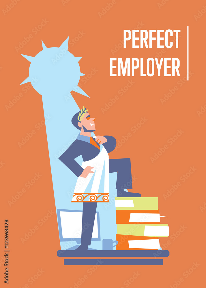 Perfect employer banner with businessman in roman toga and laurel ...