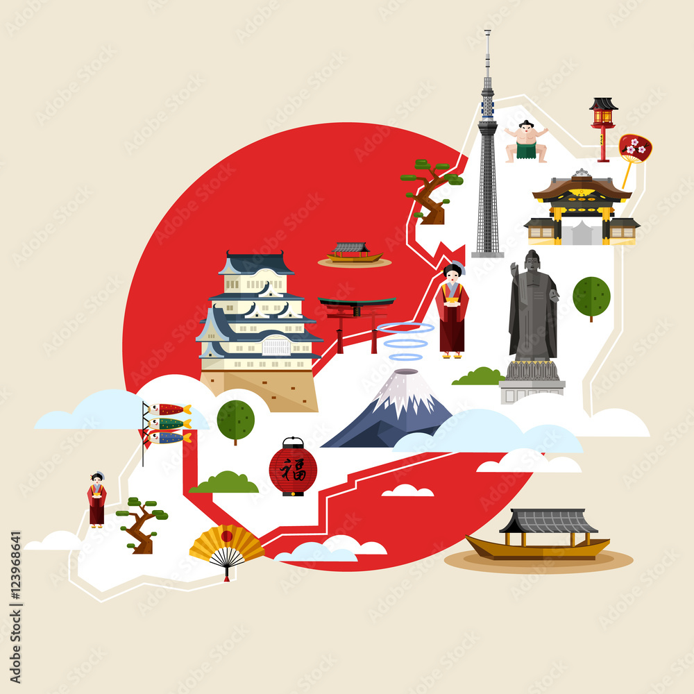 Japan famous landmarks and travel map with torii gate, fujiyama ...