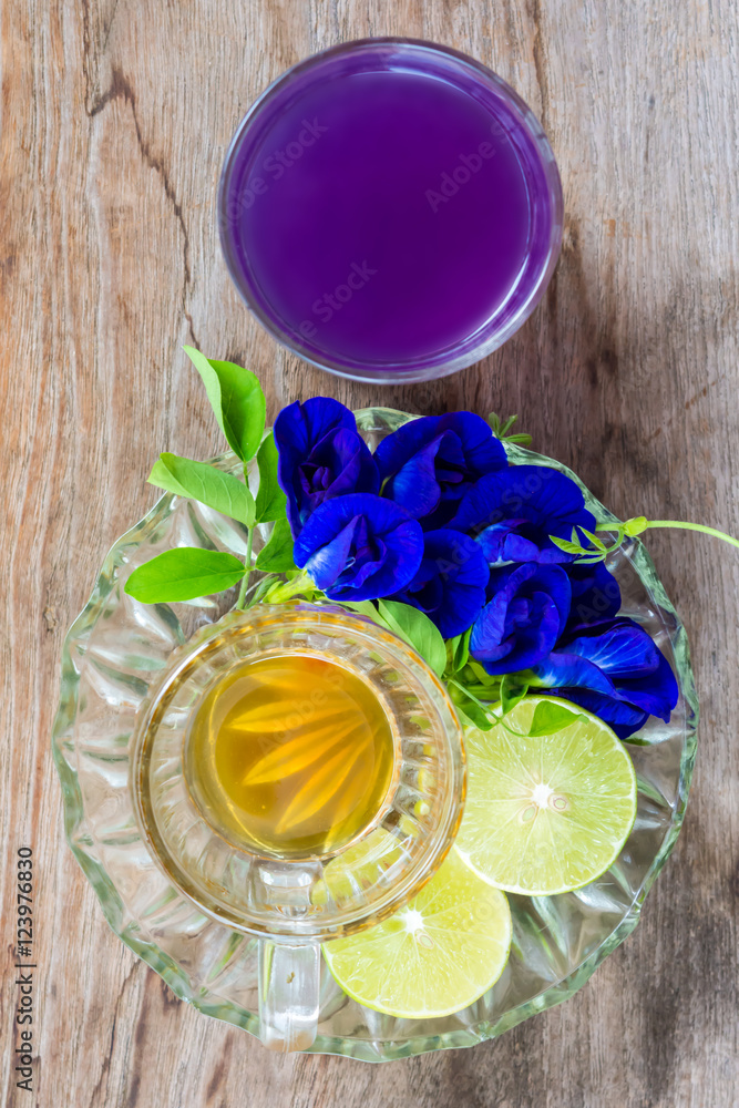 Butterfly pea or blue pea water, Thai herb drink with lemon and honey ...