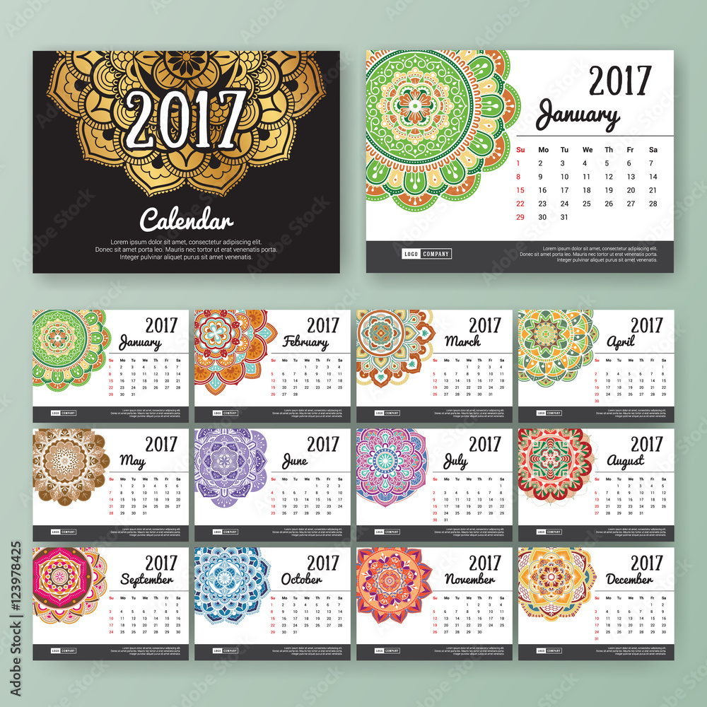 12 month desk calendar template for print design with colored Mandala ...