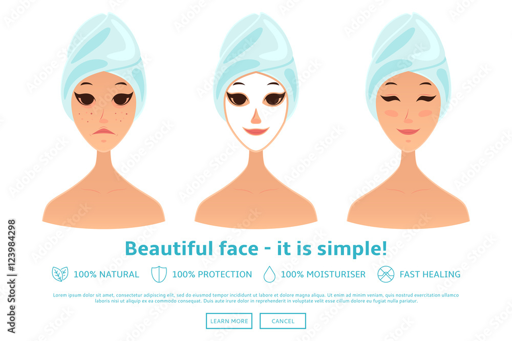 Cartoon girl care her face and applying natural mask. Attractive woman ...
