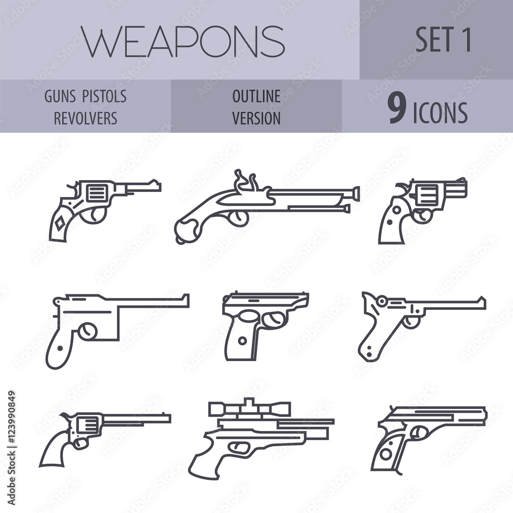 Firearm set. Guns, pistols, revolvers. Flat design. Outline line Stock ...