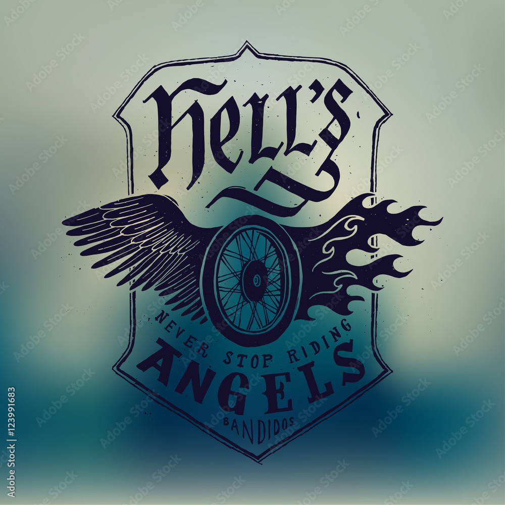 hells angels biker lettering print. wings and fire handwriting. Stock ...