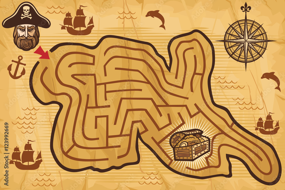 pirate maze for kids with treasure map and pirate (labyrinth for ...