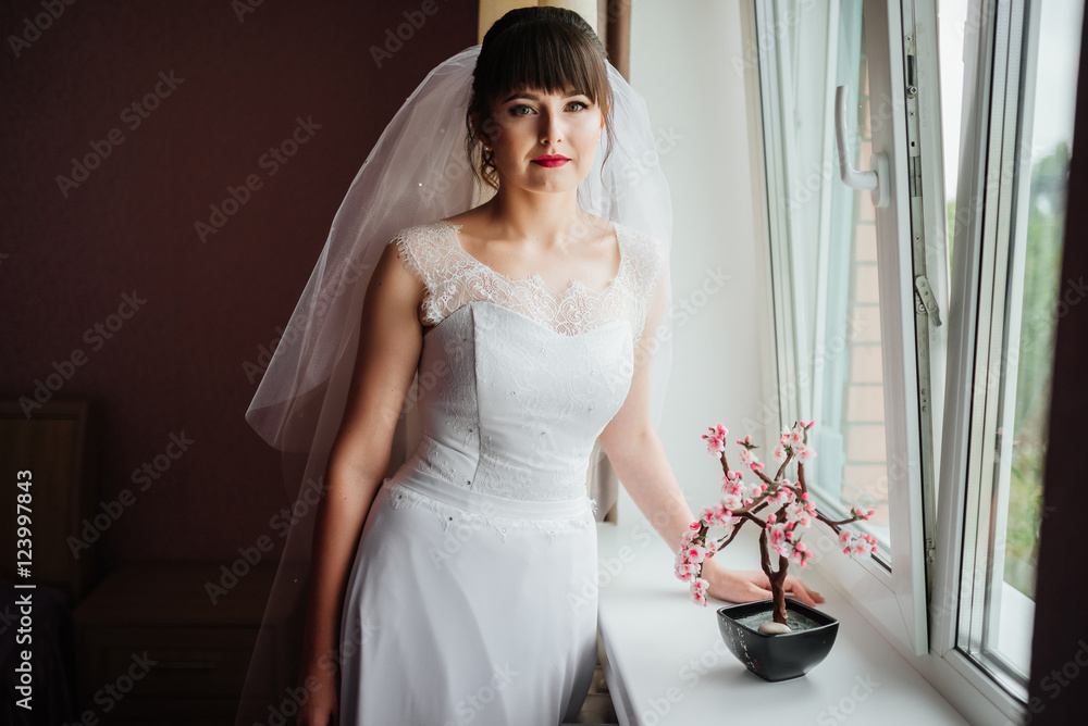 Beautiful young bride with wedding makeup and hairstyle in bedroom ...