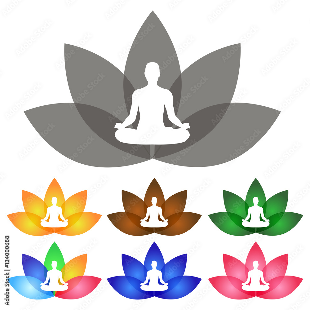 Meditating man, posture lotus, lotus flower vector icon Stock Vector ...