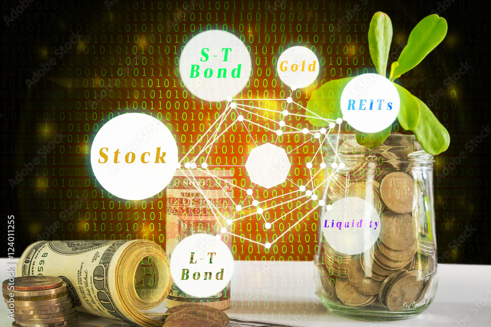 Fintech and Coded Investment concept image. Asset allocation icons ...