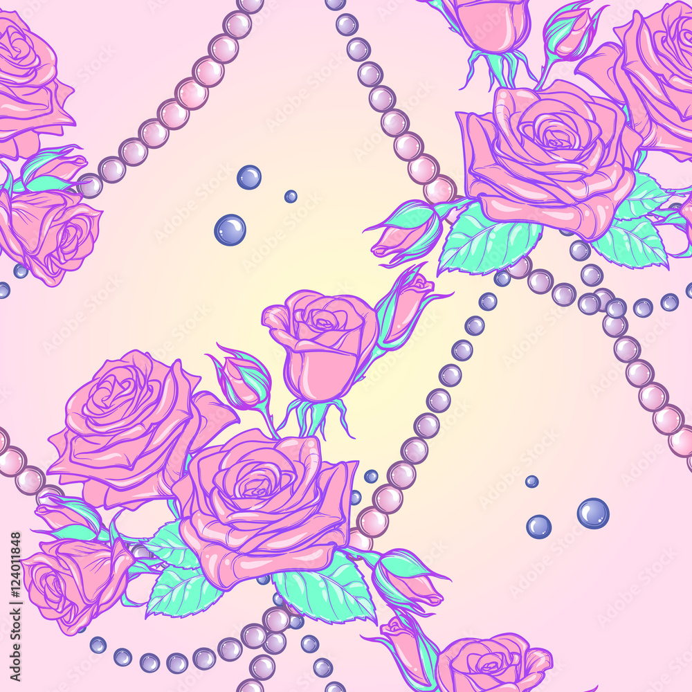Kawaii Roses bouquets and pearl jewelry. Festive seamless pattern ...