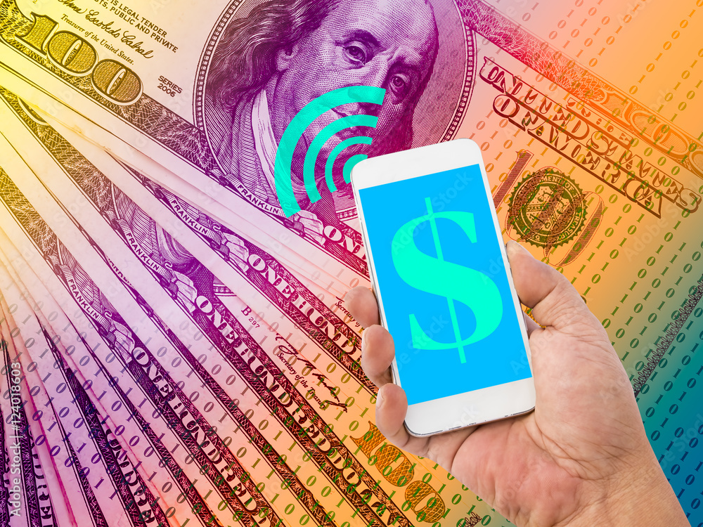 Fintech concept image. Double exposure of US dollar sign on and flow ...
