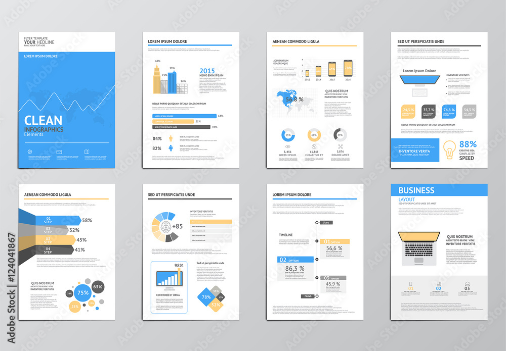 Yellow Accent Element Eight Page Infographics Layout Kit Stock Template ...