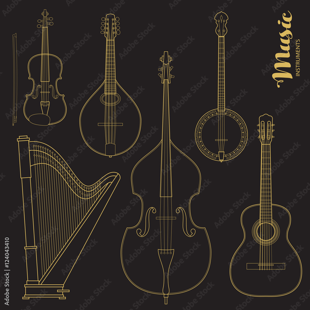 Vector string music instruments. Stylized geometric flat line ...