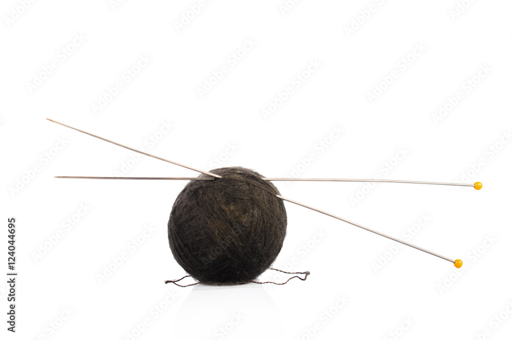 black ball of knitting yarn with spokes. On white, isolated background ...