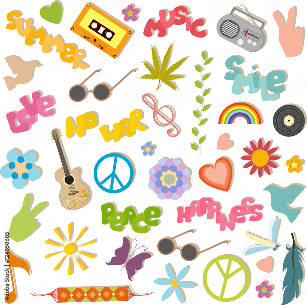 set of vector icons with the symbol of the hippie isolated on white ...