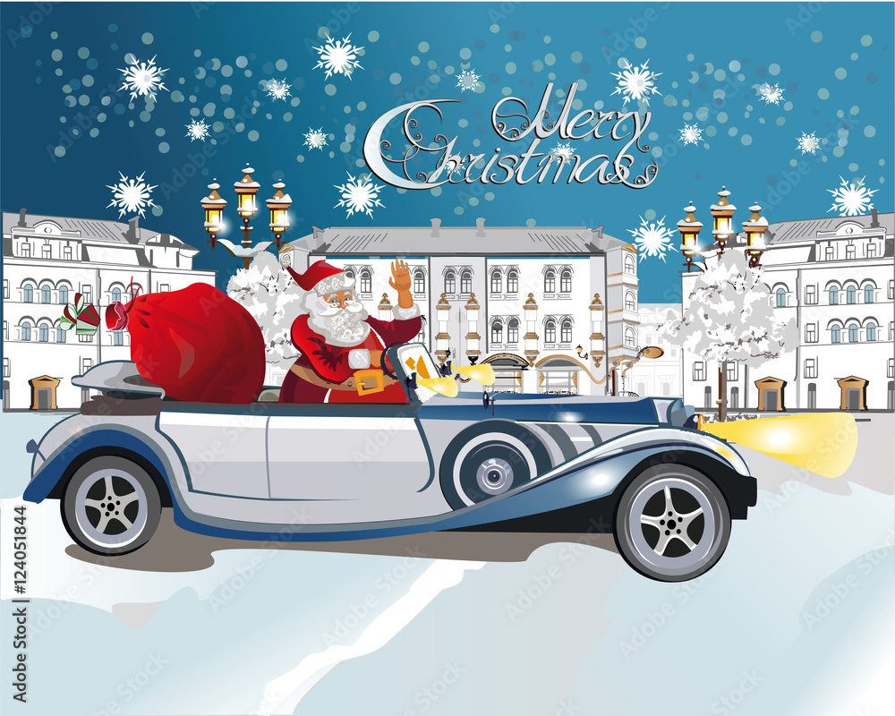 Santa Claus drives the retro car in the old city. Christmas greeting ...