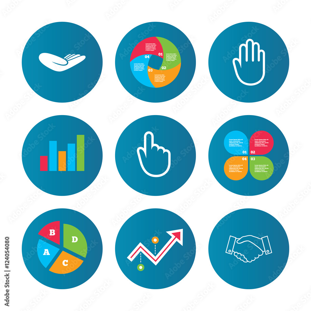 Hand icons. Handshake and click here symbols. Stock Vector | Adobe Stock