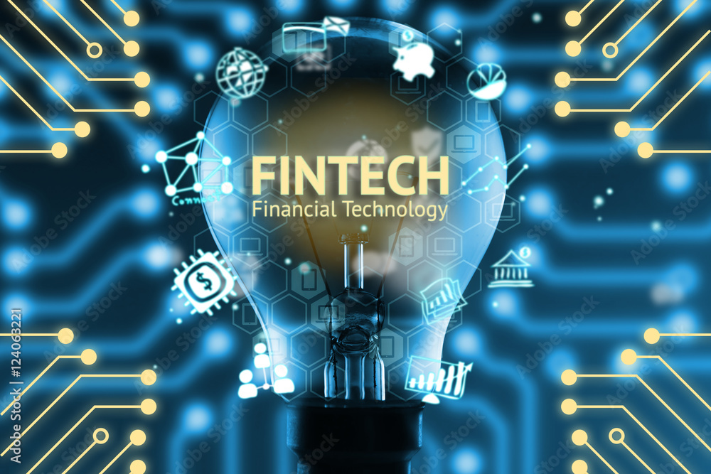 Fintech concept. Icons of financial technology and bank . Light bulb ...