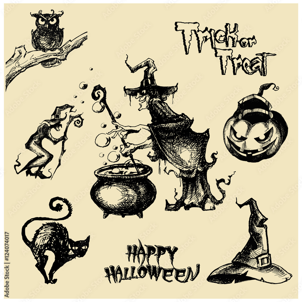 Halloween vector collection.Hand drawn illustration.Line art. Doodle ...