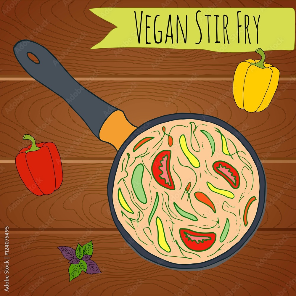 Vegan stir fry on wooden table. Vector illustration. Stock Vector ...