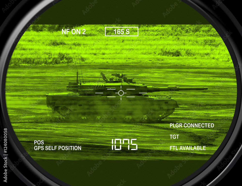 Thermal gun sight image aimed a tank. Computer Illustration. Stock ...