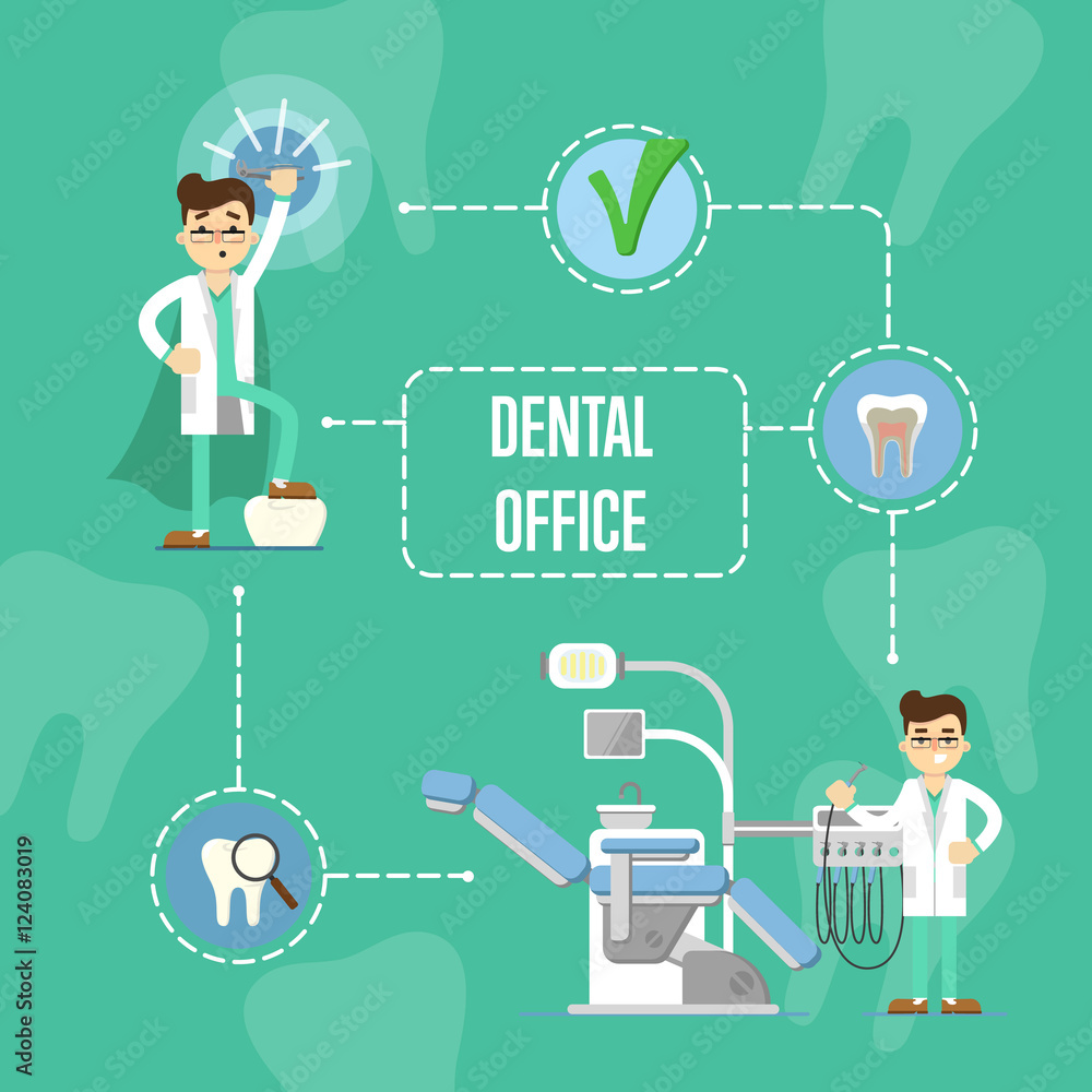 Smiling male dentist in white coat standing near modern dental chair on ...