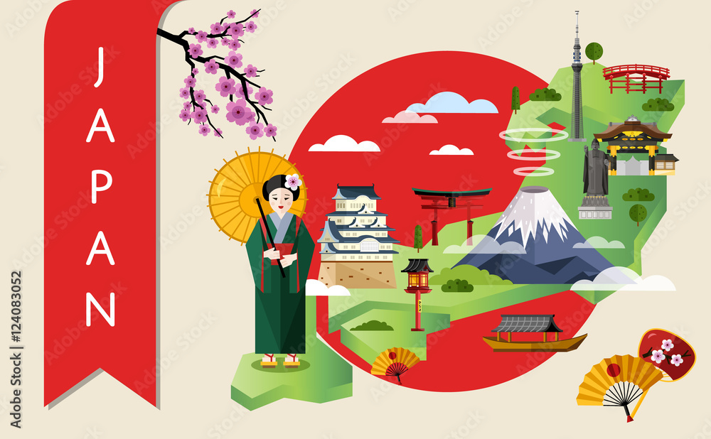 Japan famous landmarks and travel map with asian girl in traditional ...