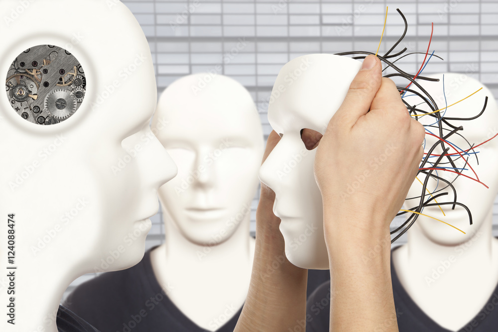 Artificial man concept - android robot holds clone white face m Stock ...