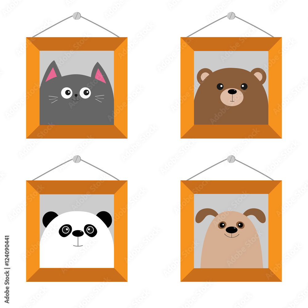 Dog, bear, cat, panda head. Picture frame hanging on the wall. Cute ...