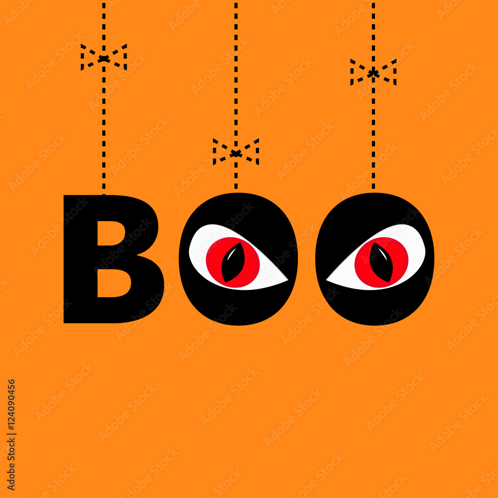 Hanging word BOO text with red eyes. Evil eyeballs. Dash line thread ...