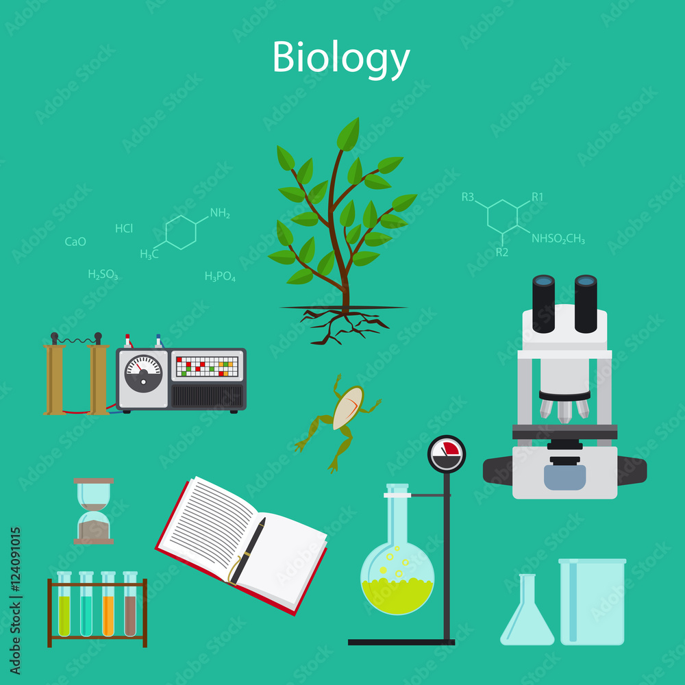 Biology research cartoon illustration with icons. Vector illustration ...