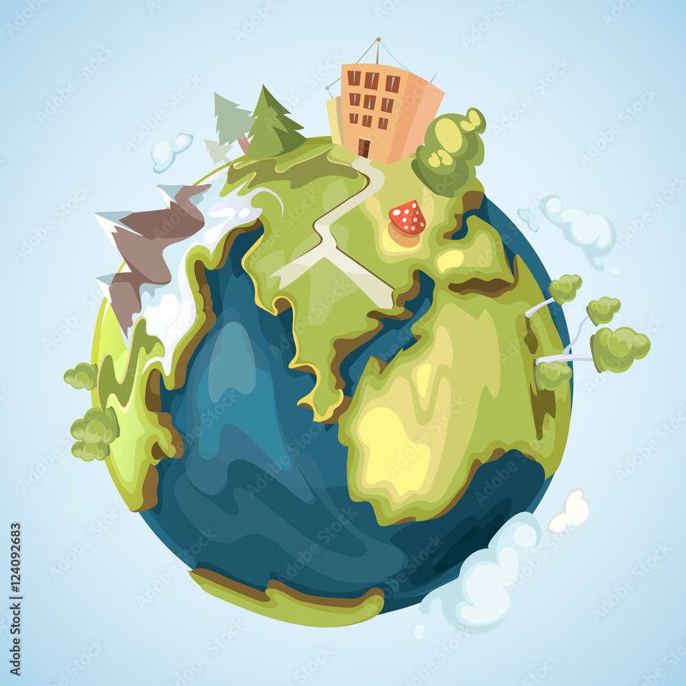 Earth planet with buildings, trees, mountains and nature elements ...