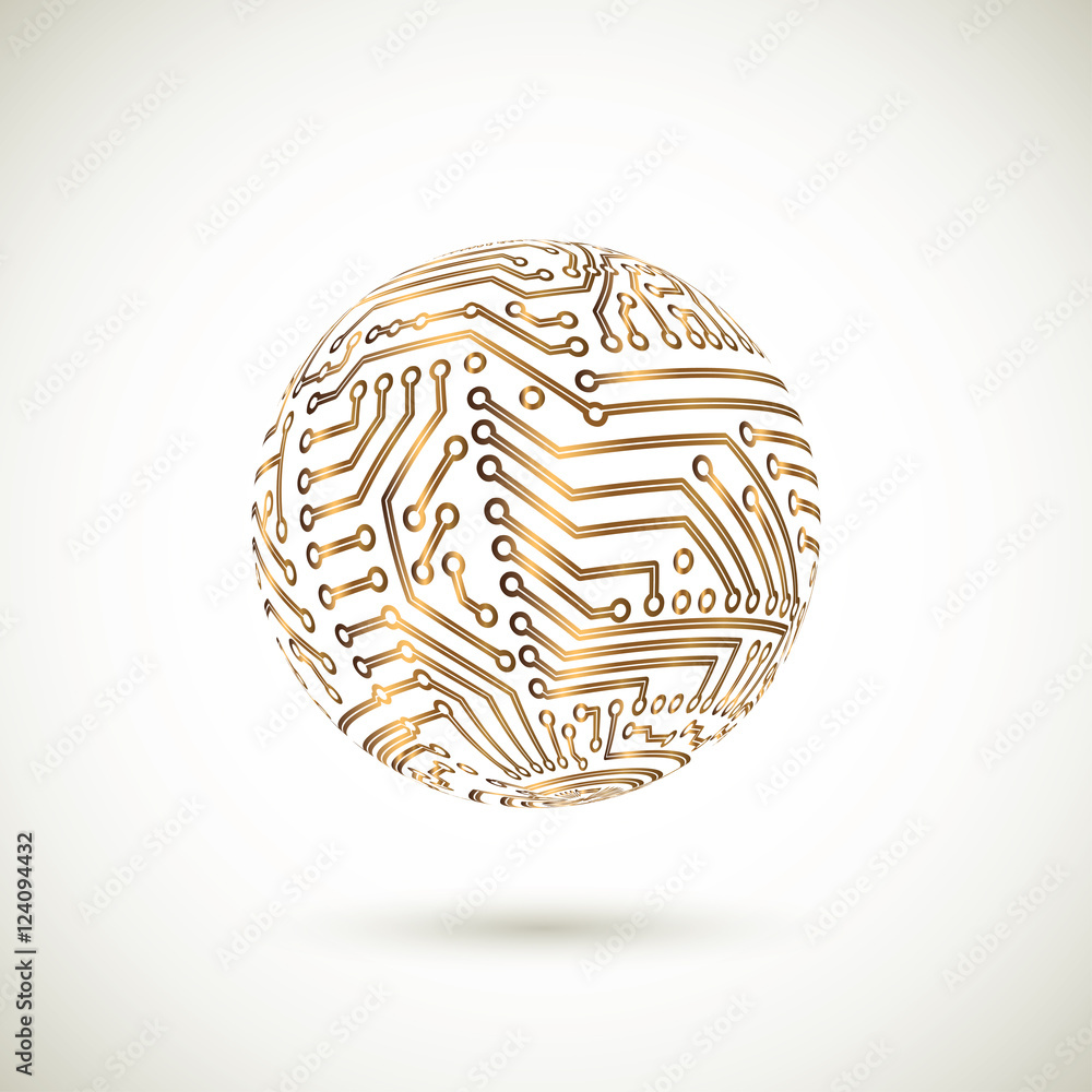 Vector golden circuit board globe. Information technology logo. Global ...