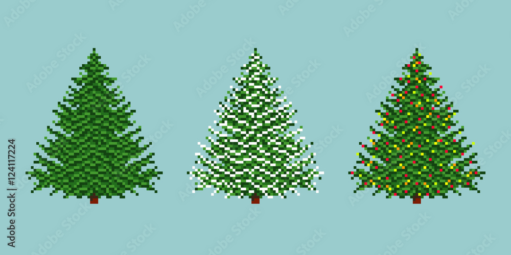 Pixel spruces vector icon set. Evergreen tree, snow covered spruce and ...