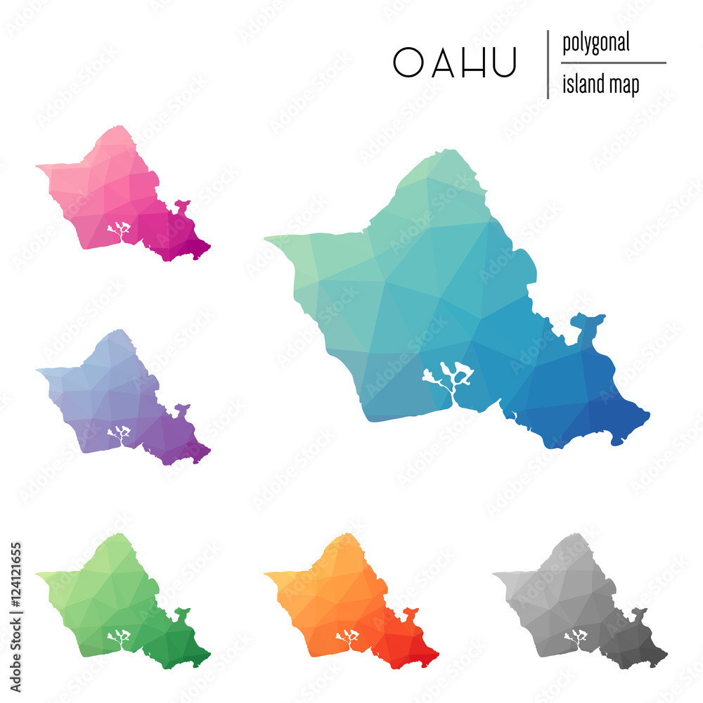 Set of vector polygonal Oahu maps filled with bright gradient of low ...