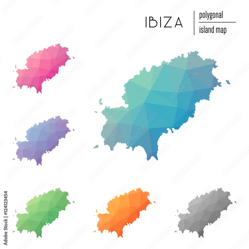 Set of vector polygonal Ibiza maps filled with bright gradient of low ...