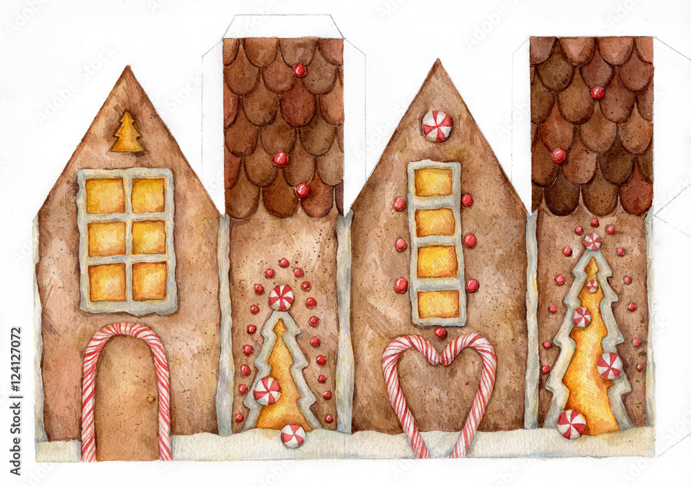 Watercolor gingerbread house template. Christmas 3d model for handcraft ...