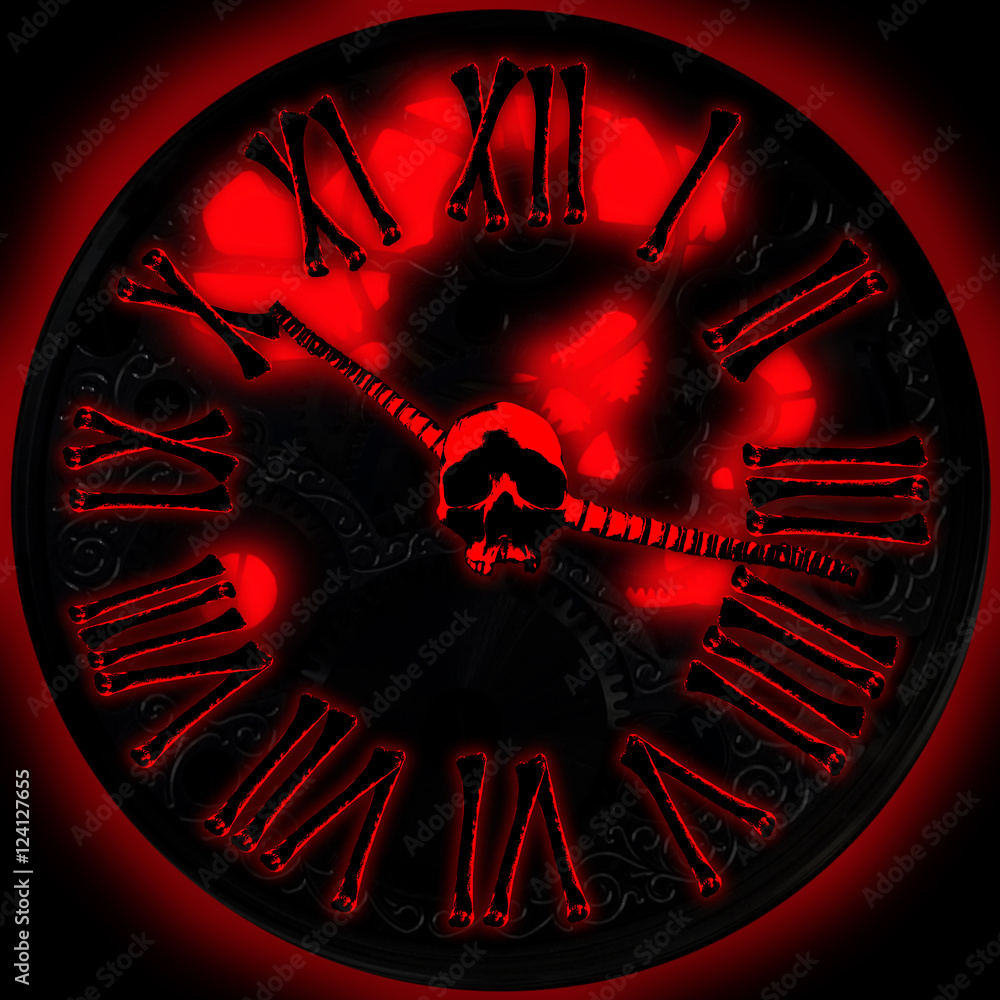 Devils clock. Mechanical clock with bones and skull. Hell clock. Gothic ...
