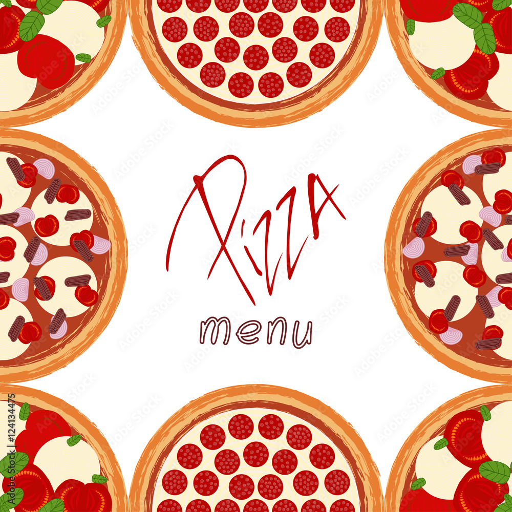 Cute funny background border frame with various pizza ingredients. With ...