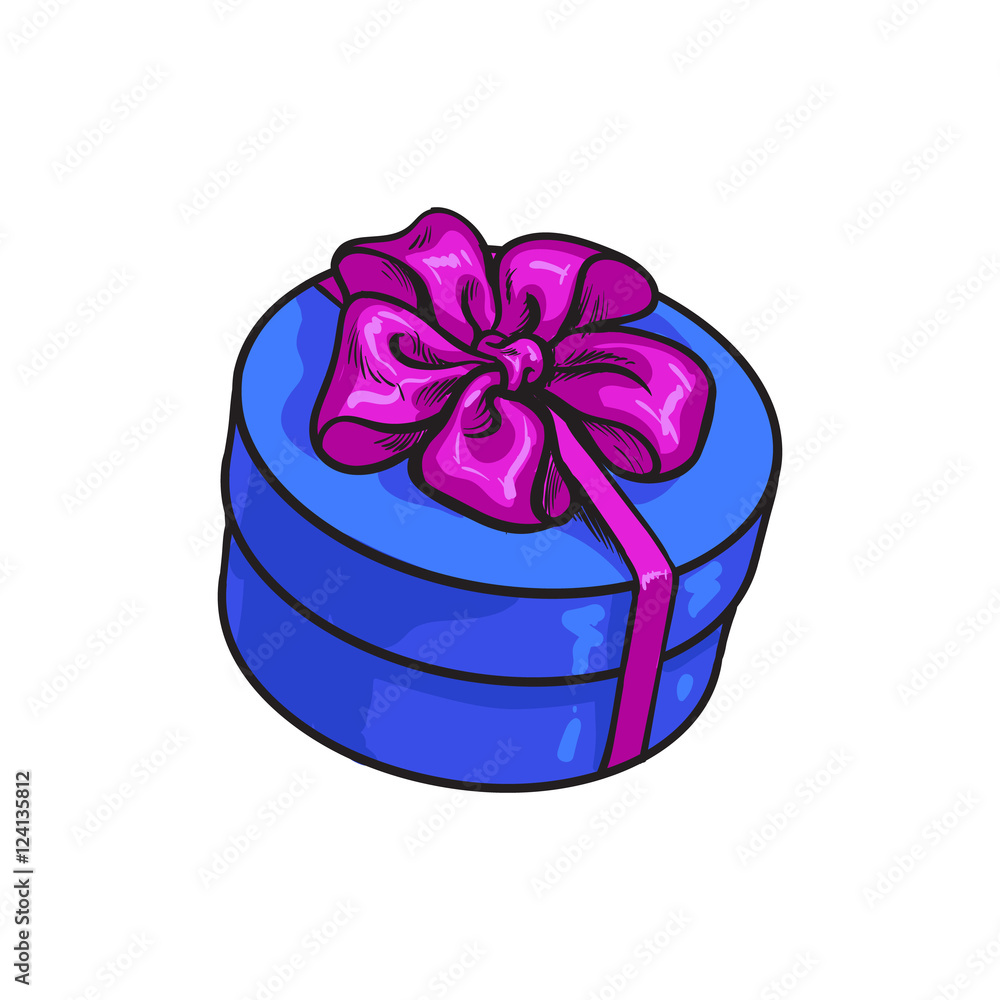 Red hand-drawn round gift box with bow and ribbon, sketch style vector ...
