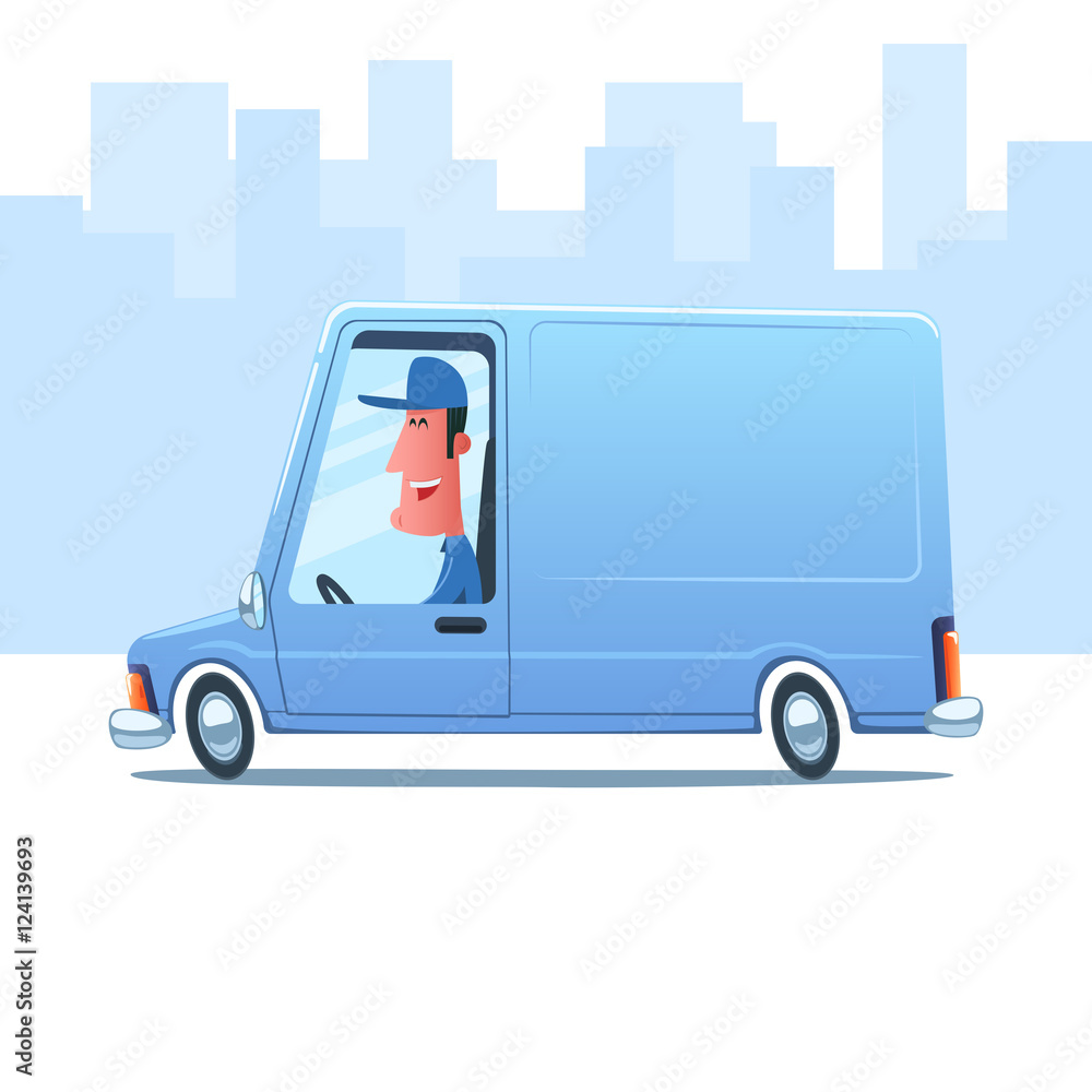 Cartoon smiling man driving a service van against the background of ...