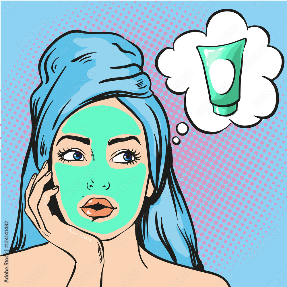 Woman with beauty cosmetic mask on face. Vector illustration in pop art ...