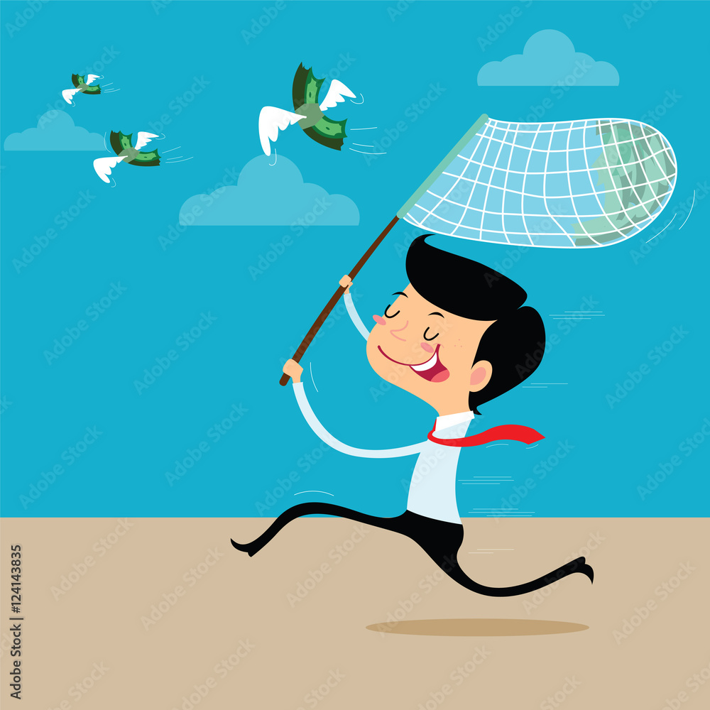 Businessman to happy chasing flying money with a butterfly net., vector ...