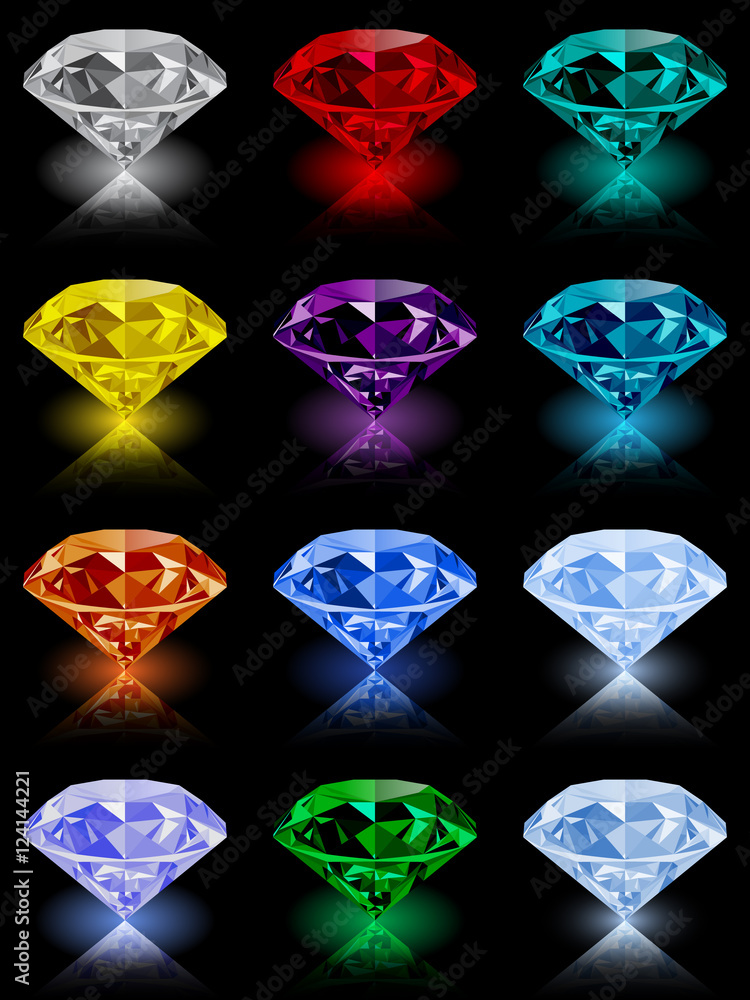 Set of shining jewels with reflections and glow isolated on black ...